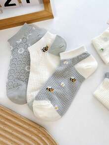 5/10 Pairs (Randomly Shipped) Women's Grey Cartoon Bee Hollow Floral ...