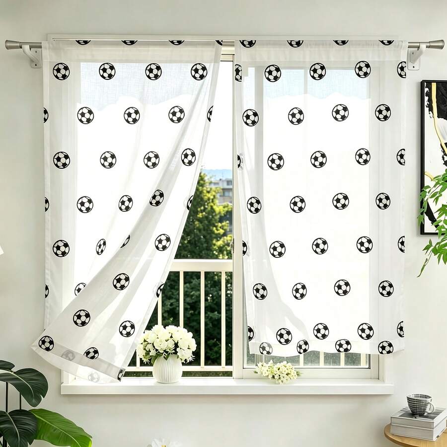 2pcs/Set, Sports Style Cartoon Soccer Embroidered Semi-Sheer Sheer ...