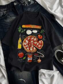 Fractyr Men's Pizza Recipe Print Loose Fit T-Shirt, Soft Touch Black ...