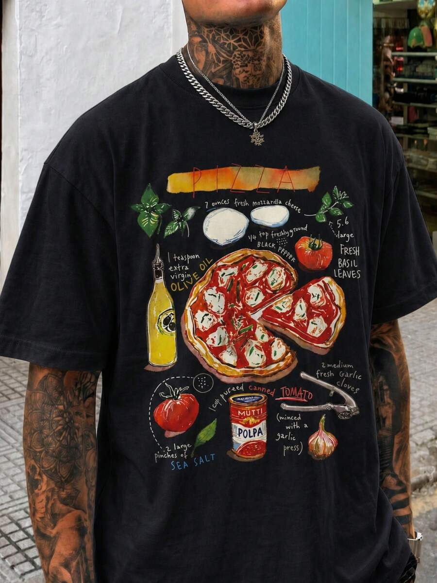Fractyr Men's Pizza Recipe Print Loose Fit T-Shirt, Soft Touch Black ...