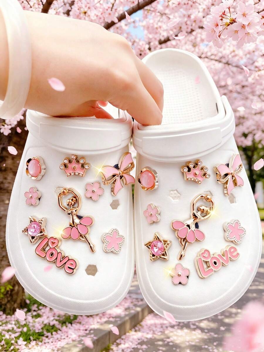 18pcs Pink Dancing Girl & Bow Tie, Hole Shoes Decor DIY Accessories ...