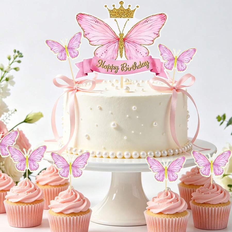 1pc/10pcs/21pcs/Set Pink Bow Happy Birthday Cake Topper Crown Butterfly ...