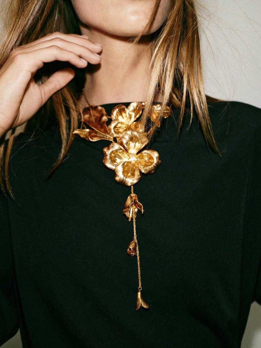 A Beautiful Irregular Golden Flower Pendant Necklace With A Retro Matte ...