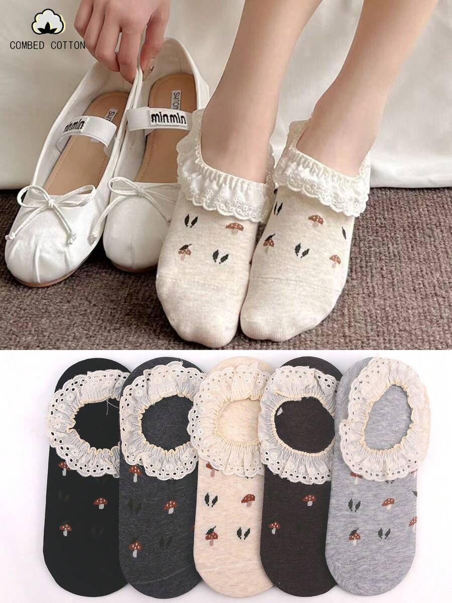 5 Pairs Lace Trim Boat Socks For Women, Spring/Summer Low Vamp Thin ...