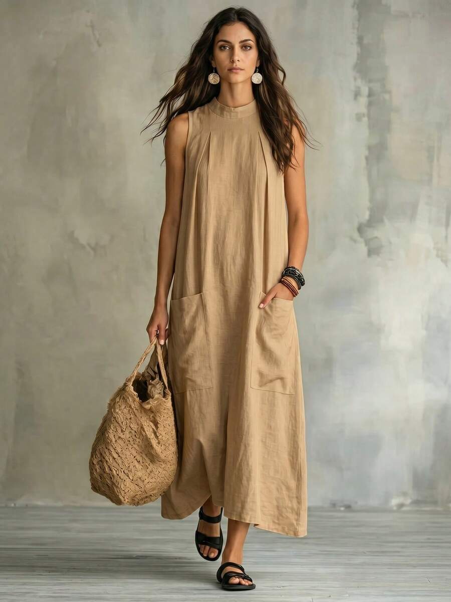 Women's Sleeveless Round Neck Linen Maxi Dress Casual Textured Loose ...