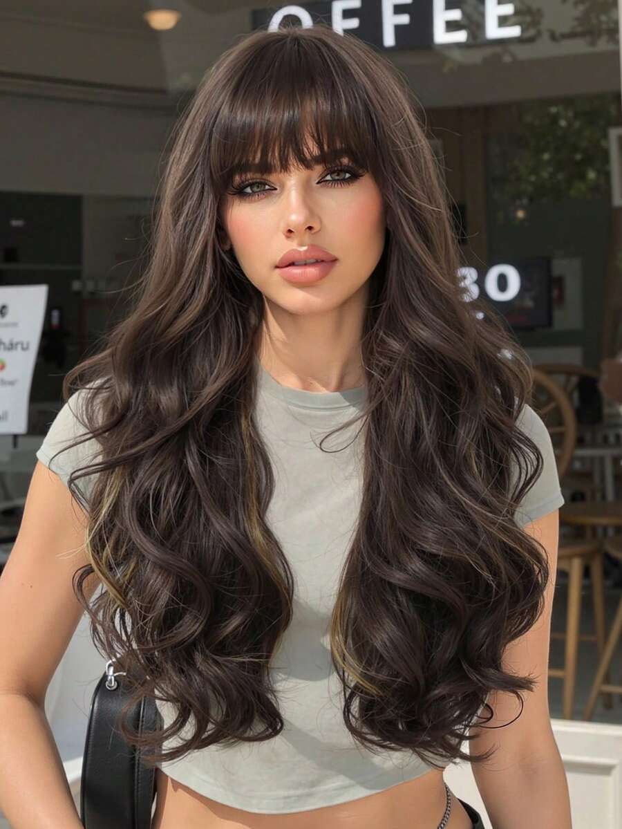 Long Curly Wig With Straight Bangs Woven Chemical Fiber Hair Daily ...