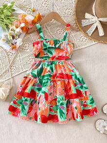 New Girls' Tropical Floral Layered Dress, Spaghetti Strap Hollow Waist ...