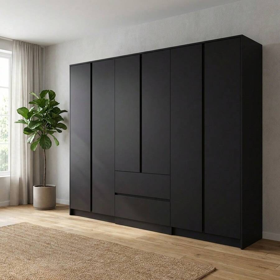 Malvern Black 6 Door 2 Drawer Wardrobe Bedroom Storage Furniture | SHEIN UK