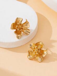 1 Pair Luxury Textured Gold Metal Flower Stud Earrings, Suitable For ...