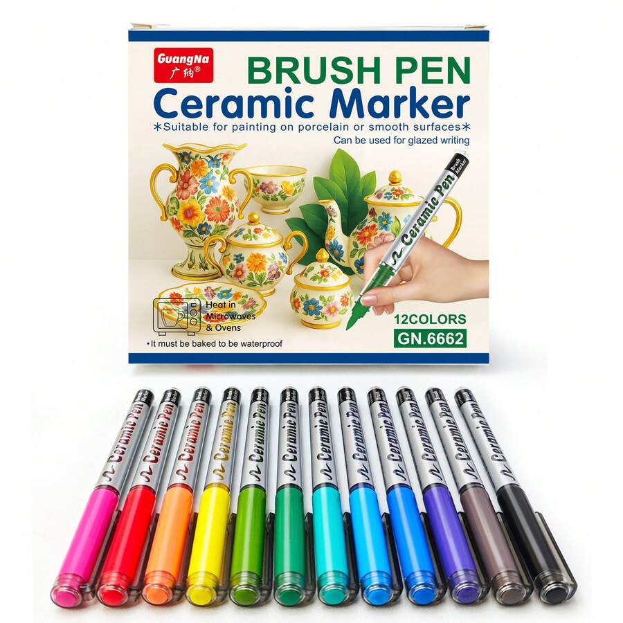 12-Color GN Liquid Soft-Tip Ceramic Painting Brush Set, DIY Creative ...