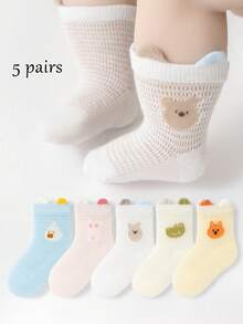 5 Pairs Baby Breathable Mesh Socks, Cute Animal Print Mid-Calf Socks ...