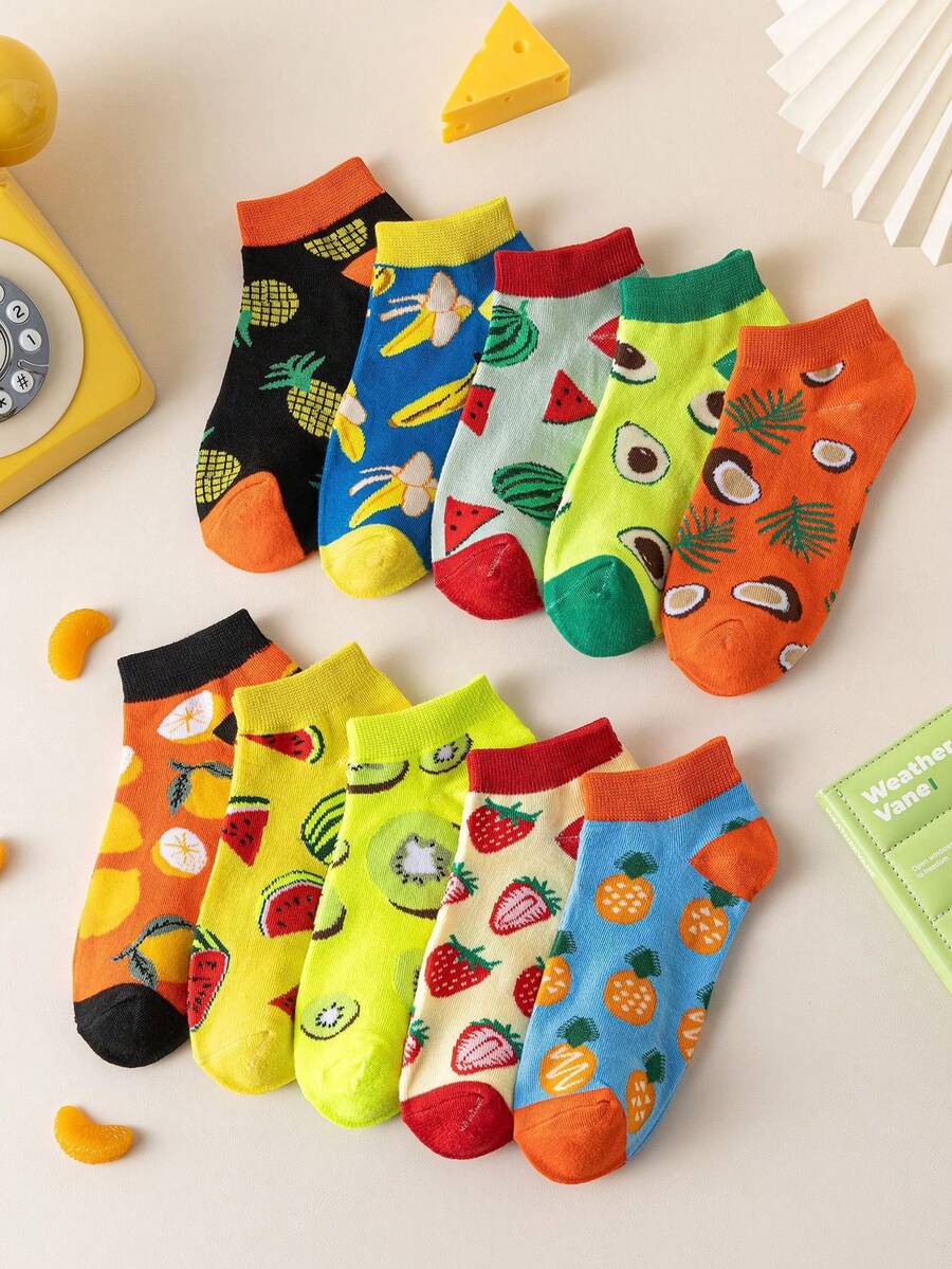1/5/7/10 Pairs Women Fruit Pattern Ankle Socks, Suitable For Shorts ...