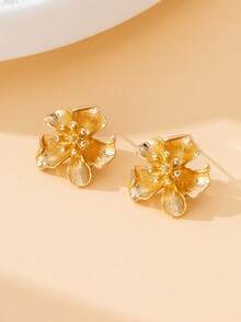 1 Pair Luxury Textured Gold Metal Flower Stud Earrings, Suitable For ...