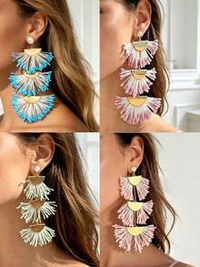 1 Pair Bohemian Style Raffia Fan-Shaped Tassel Earrings, Suitable For ...