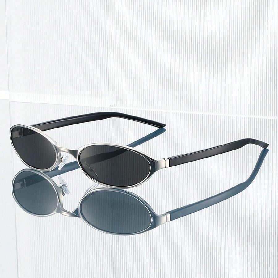 2026 New Futuristic Metal Silver-Rimmed Cat-Eye Korean Fashion Oval ...