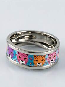 8mm Black & Silver Tungsten Carbide Ring, Colorful Cartoon Leopard ...