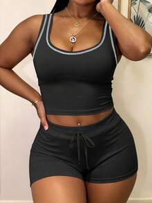 Women's Solid Color Round Neck Tank Top And Drawstring Shorts 2-Piece ...