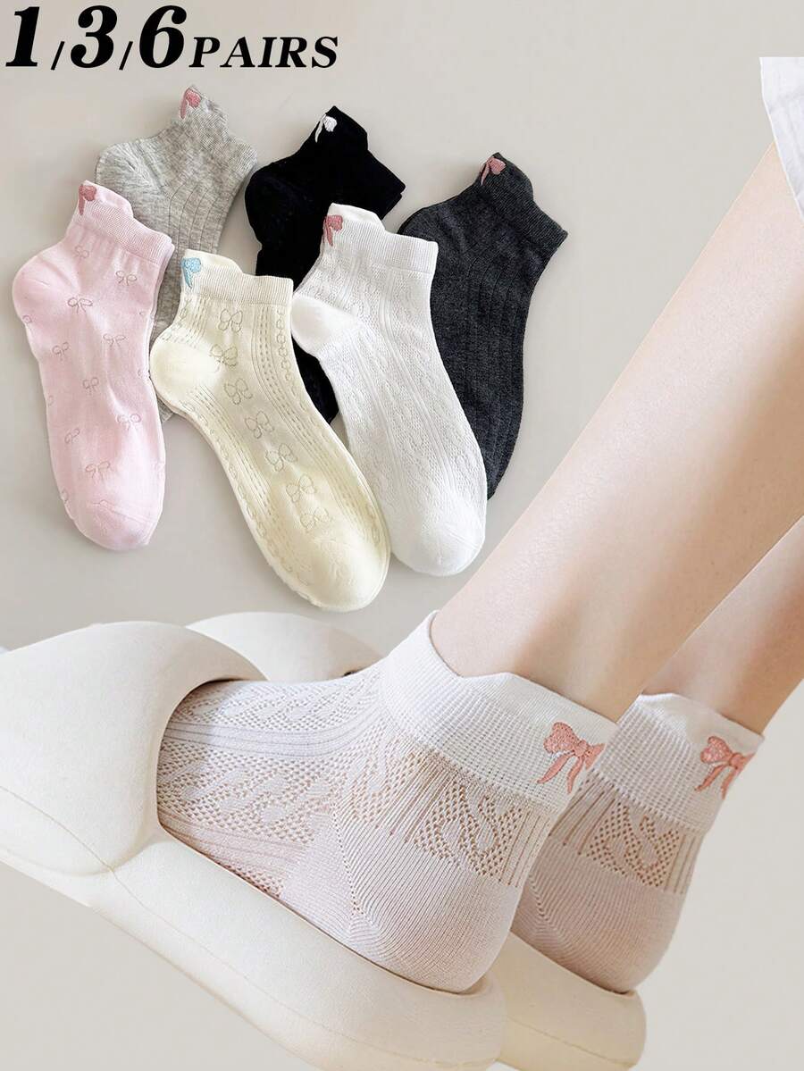 1/3/6 Pairs Women's Socks, Bow Embroidery, Mesh, Ear-Flap, Summer Thin ...
