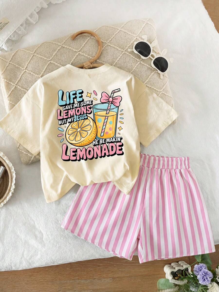 2pcs/Set Cute Simple Fresh Summer Lemon Soda Casual Shorts Set For ...