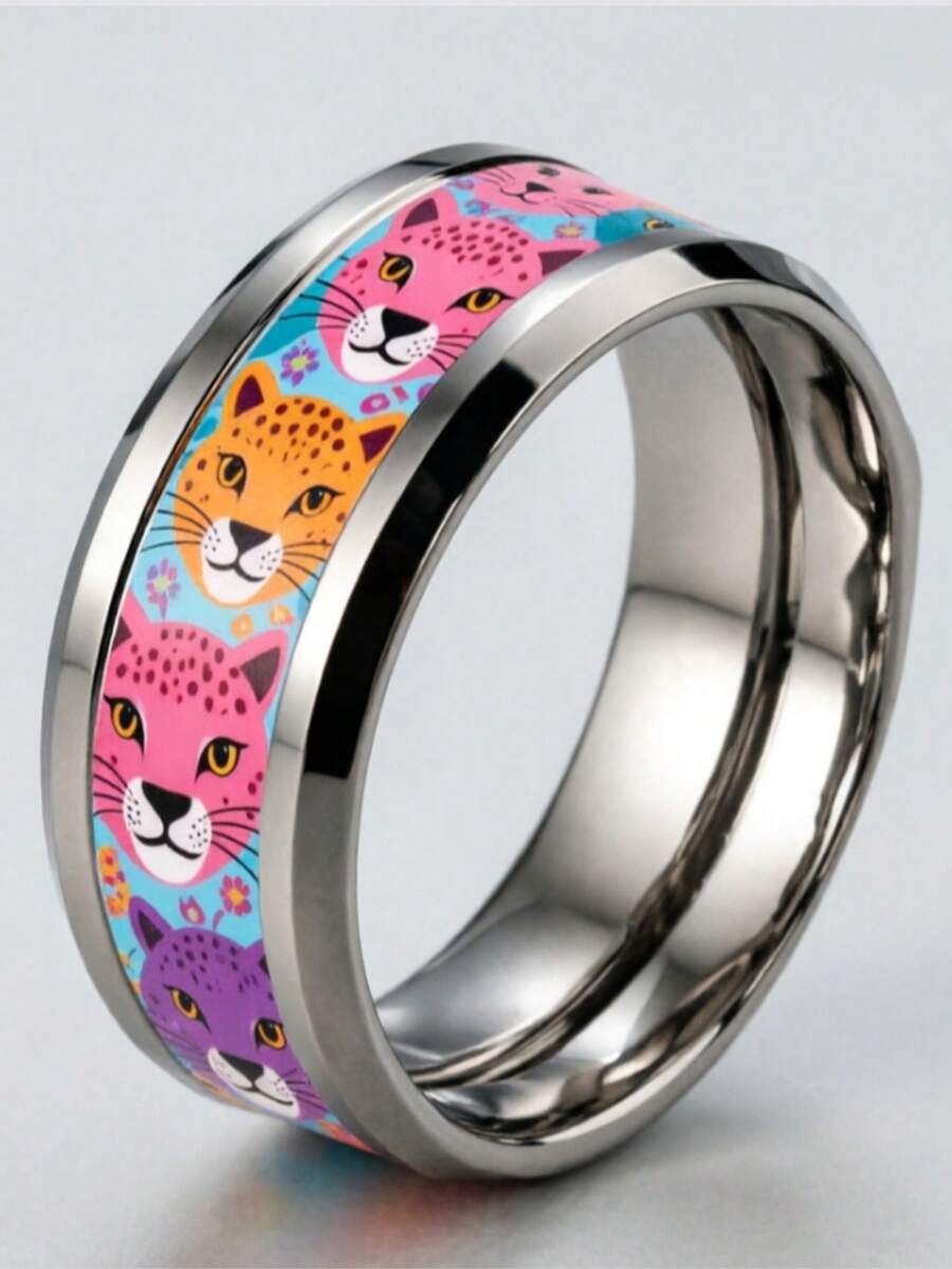 8mm Black & Silver Tungsten Carbide Ring, Colorful Cartoon Leopard ...