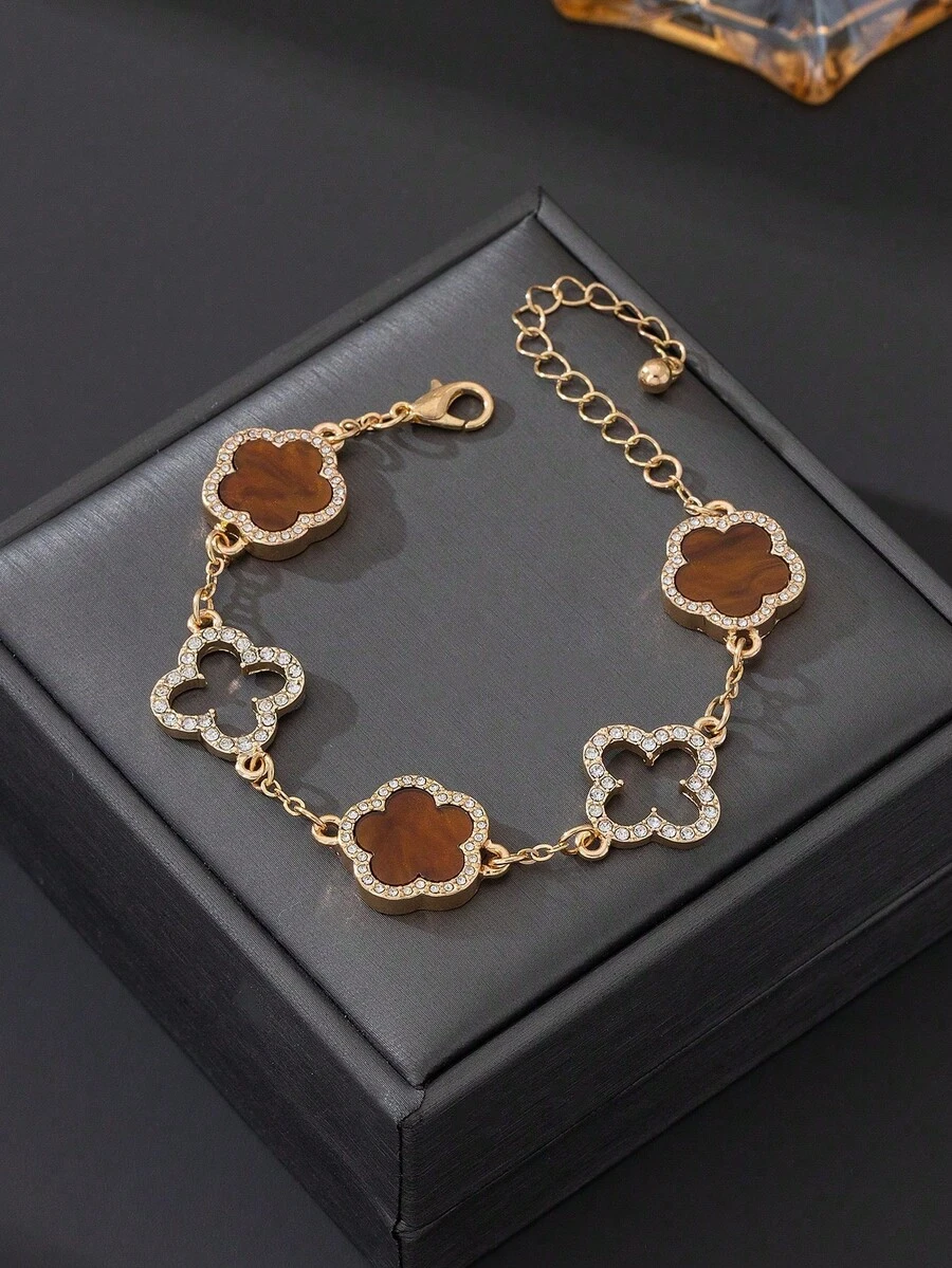 1pc Elegant Luxury Rhinestone Hollow Four-Leaf Clover Sweet Brown Five ...