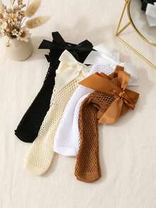 4 Pairs Girls Toddler Hollow Mesh Fishnet Mid-Calf Socks With Bow ...