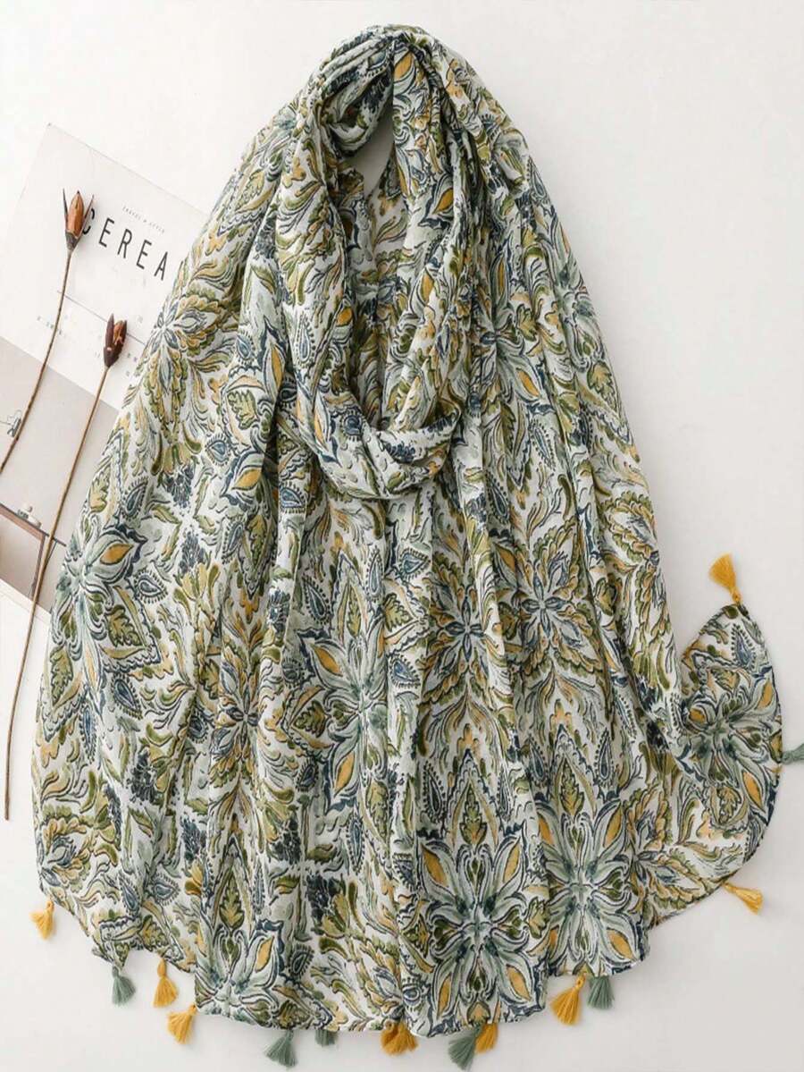 1pc Green Pentagonal Flower Tassel Print Scarf, Retro Botanical Floral ...