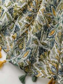 1pc Green Pentagonal Flower Tassel Print Scarf, Retro Botanical Floral ...