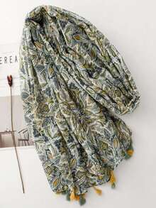 1pc Green Pentagonal Flower Tassel Print Scarf, Retro Botanical Floral ...