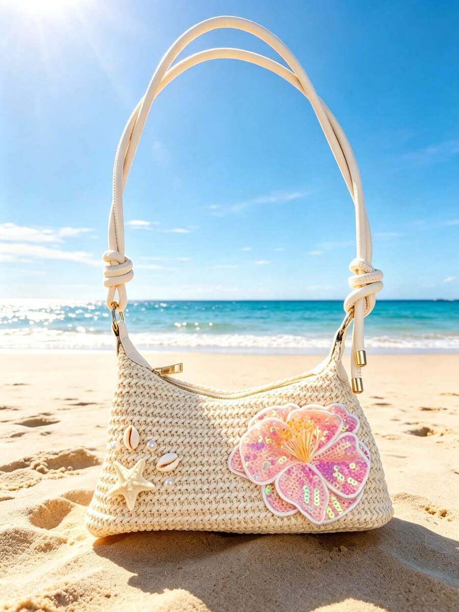 1pc Handmade Beaded Straw Bag, Vacation Style Casual Shoulder/Underarm ...