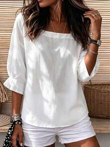 Women's Polyester Woven Square Neck Top, Regular Length, 3/4 Sleeve ...