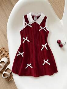 Girls' Summer Casual Dress, Color Block Collar With 3D Bow, Sleeveless ...