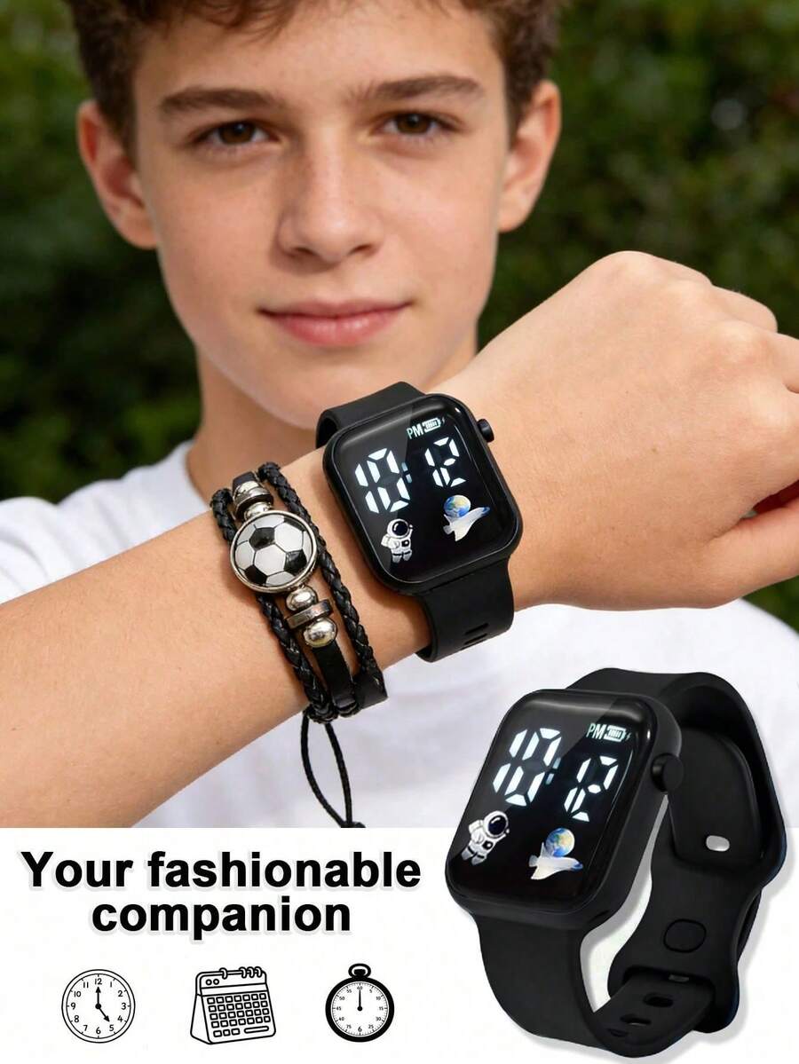 2pcs/Set Fashionable Astronaut Pattern LED Square Digital Sports Watch ...