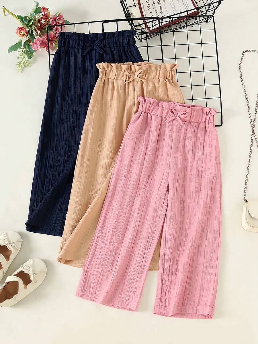 3pcs/Set Girls Casual Solid Color With Bow Decor Elastic Waist Pants ...