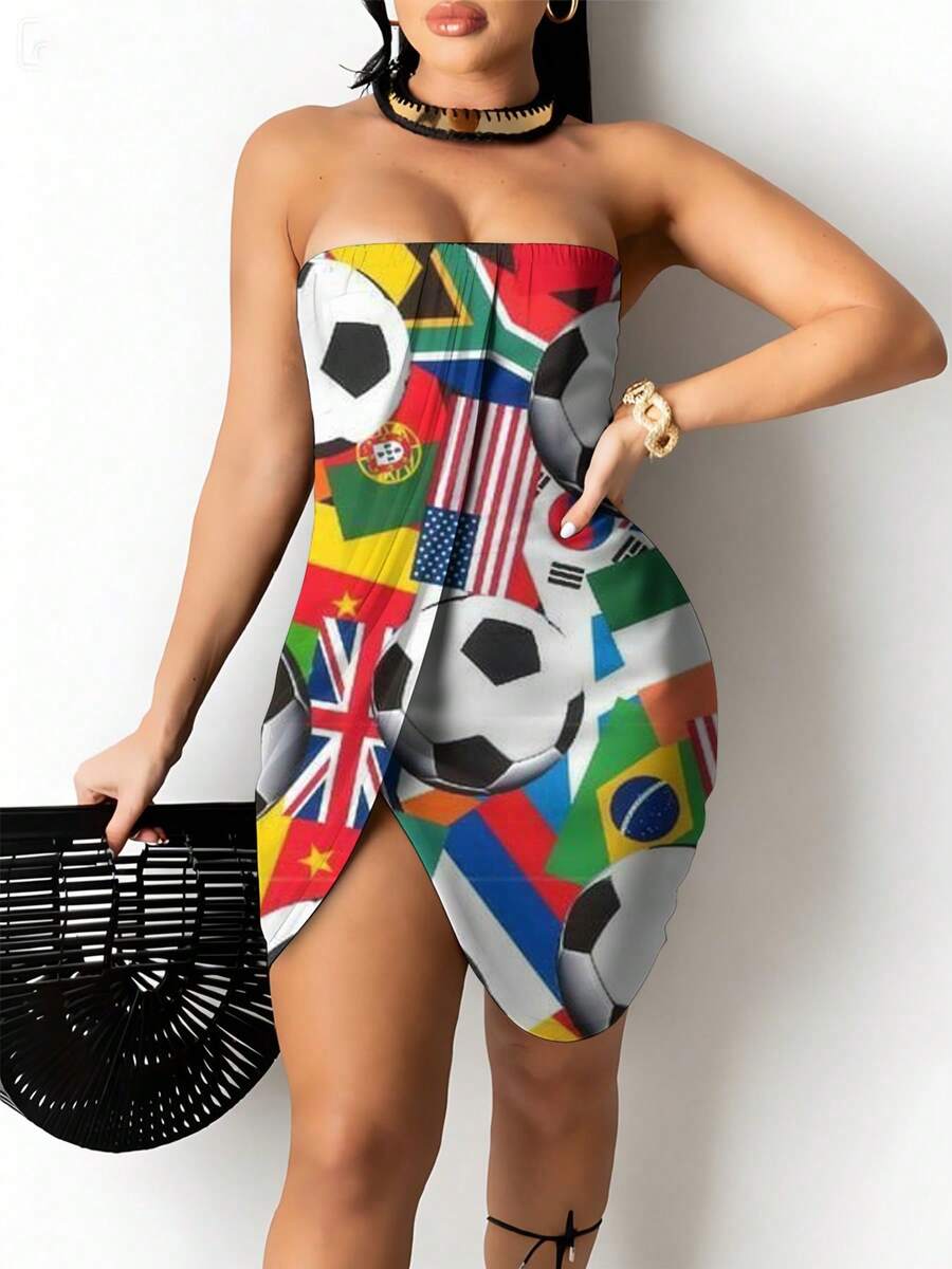 Women's Soccer Balls Flags World Cup Colors Strapless Tube Bodycon ...