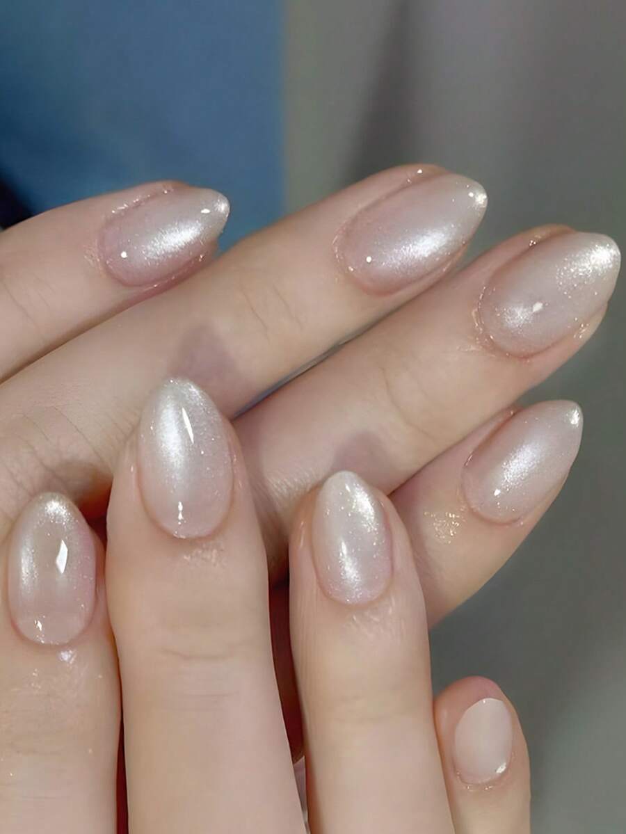 24pcs Short Almond Press-On Nails Set, French Glitter Nude Cat Eye ...