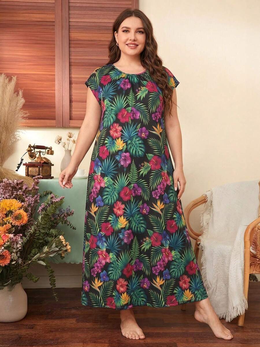 Plus Size Women's Tropical Plant Print Short Sleeve Moo Moo Sleepwear ...