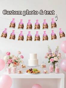 8/16/24pc Custom Photo Birthday Paper Banner, Personalized Face Pink ...