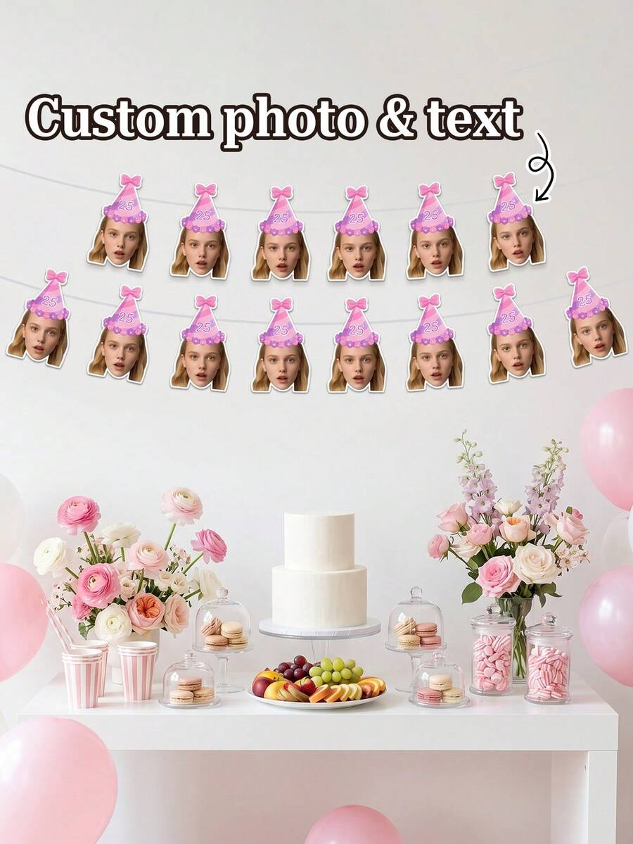 8/16/24pc Custom Photo Birthday Paper Banner, Personalized Face Pink ...