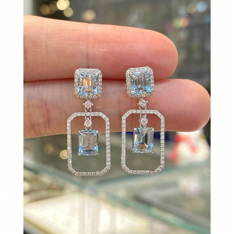 Fresh Light Blue Cubic Zirconia Dangle Earrings Romantic Ear Drops ...