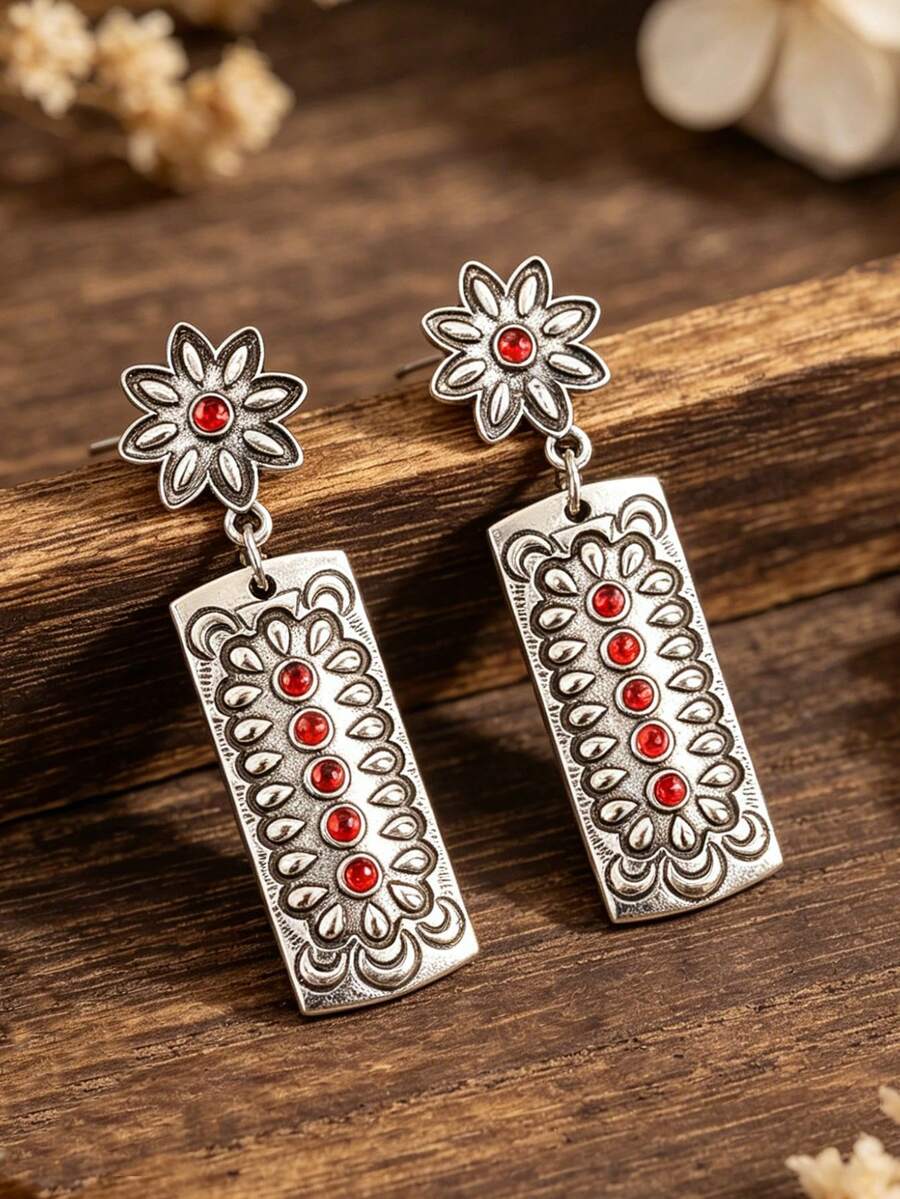 1 Pair Bohemian Floral Patchwork Long Bar Carved Pattern Inlaid ...