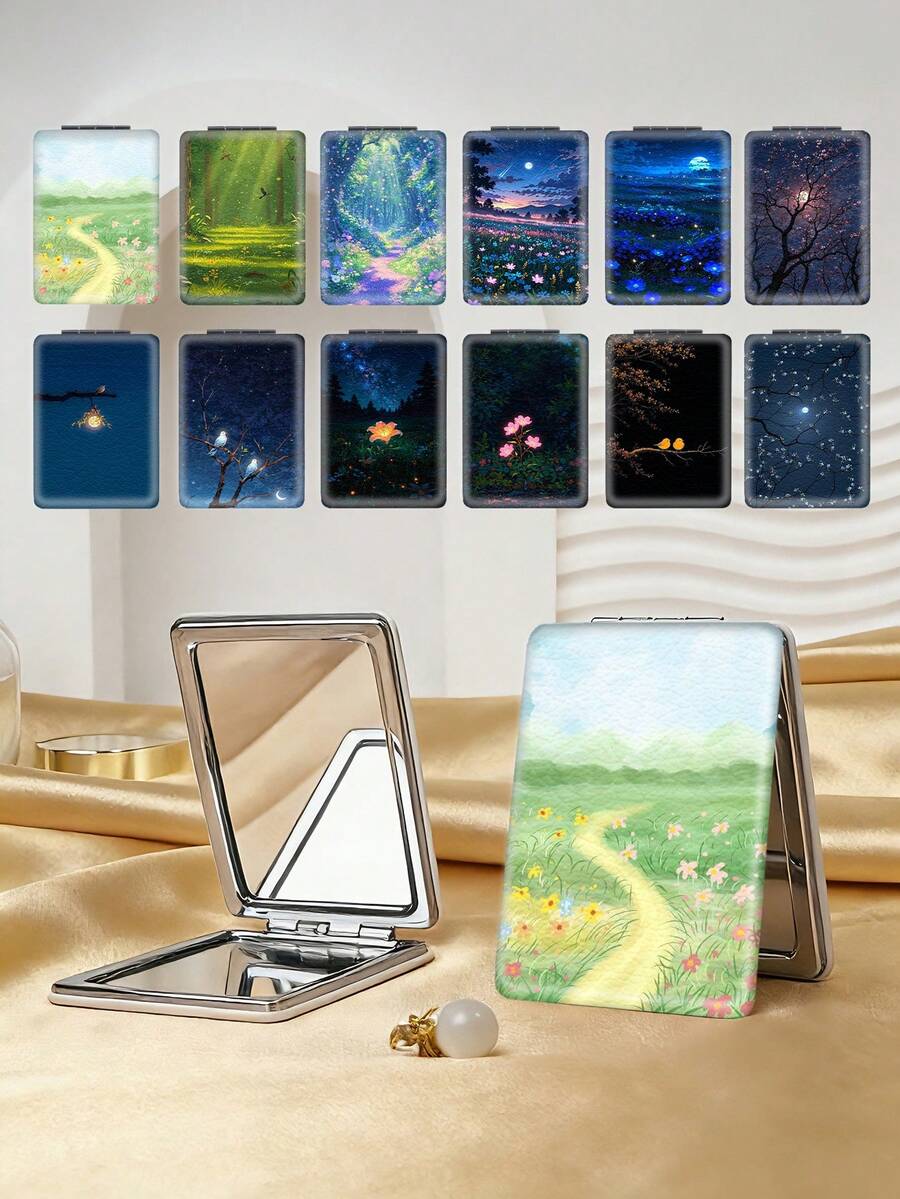 1PC Pastoral Watercolor Floral Series Portable Makeup Mirror, Foldable ...