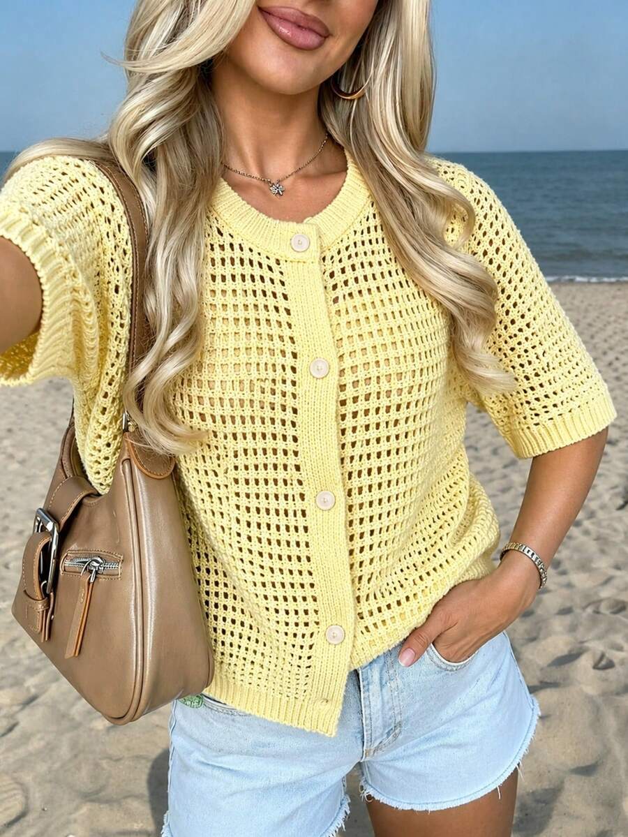 Women Hollow Out Knit Cardigan Short Sleeve Button Front Crochet Top ...