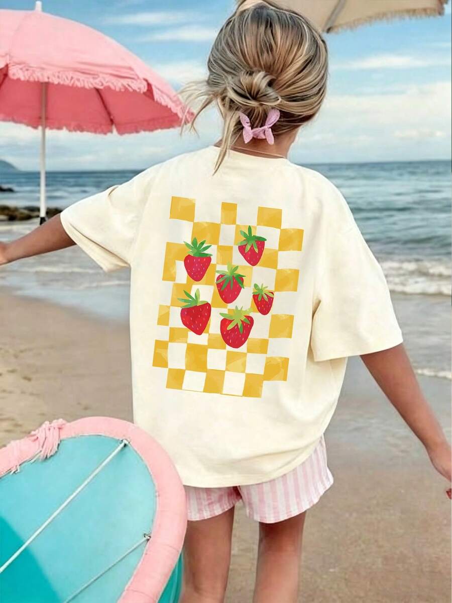 Toddler Girls Checkerboard Strawberry Back Print T-Shirt, Summer Beach ...