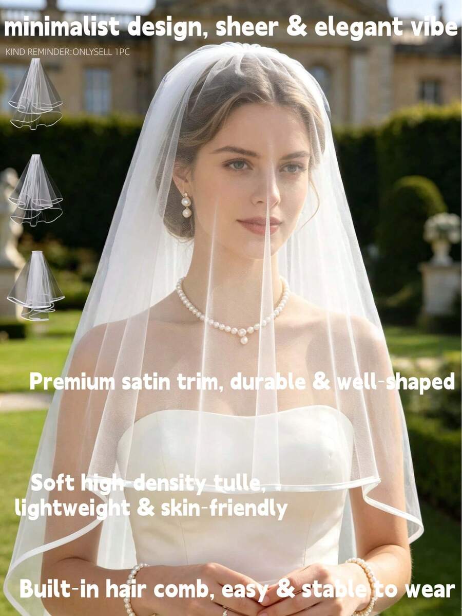 1 Pc Vintage French Tulle Bridal Veil, Satin Wave Trim Hair Comb ...