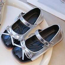 Girls' Shiny PU Mary Jane Shoes, Black & White Color Block Design, Soft ...