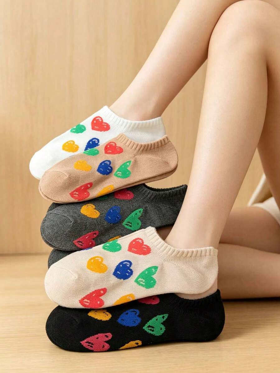 5 Pairs Summer New Colorful Heart Pattern Women's Low-Cut Thin Creative ...