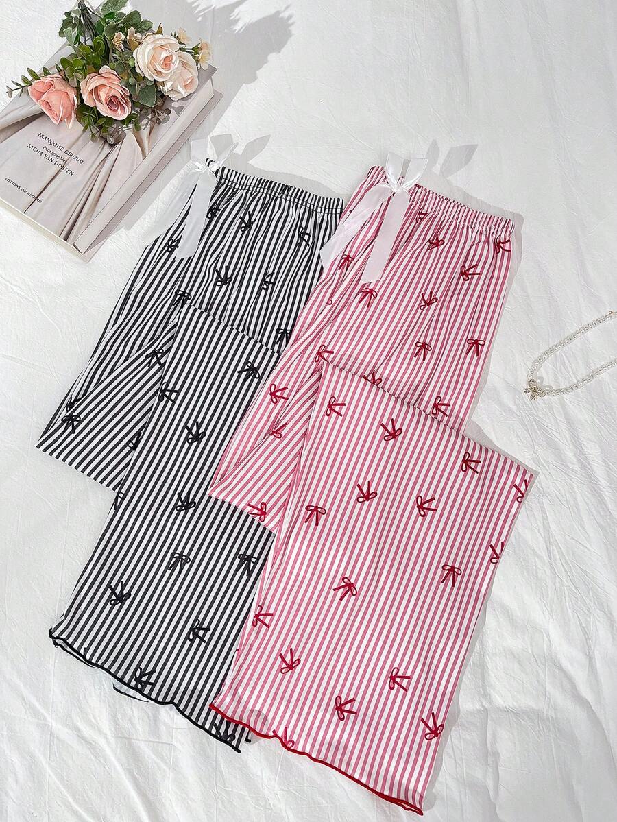 2pcs/Set Women's Spring/Summer Home Sleep Pants, Striped & Bow Print ...