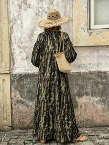 Elegant V-Neck Loose Dress, Bohemian Luxury Black & Gold Textured ...