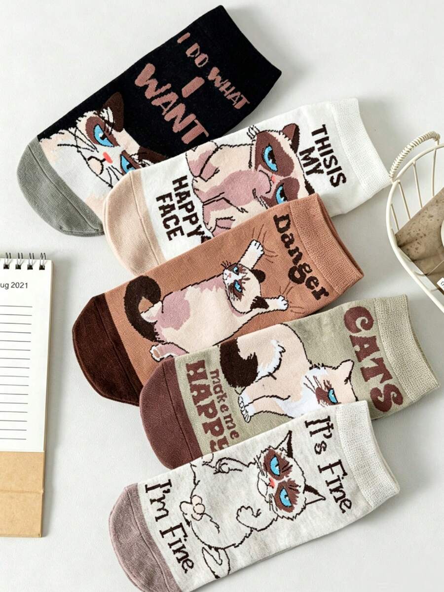 Random 1/5/10 Pairs Women's Cute Cat Fashion Back To School Short Socks ...
